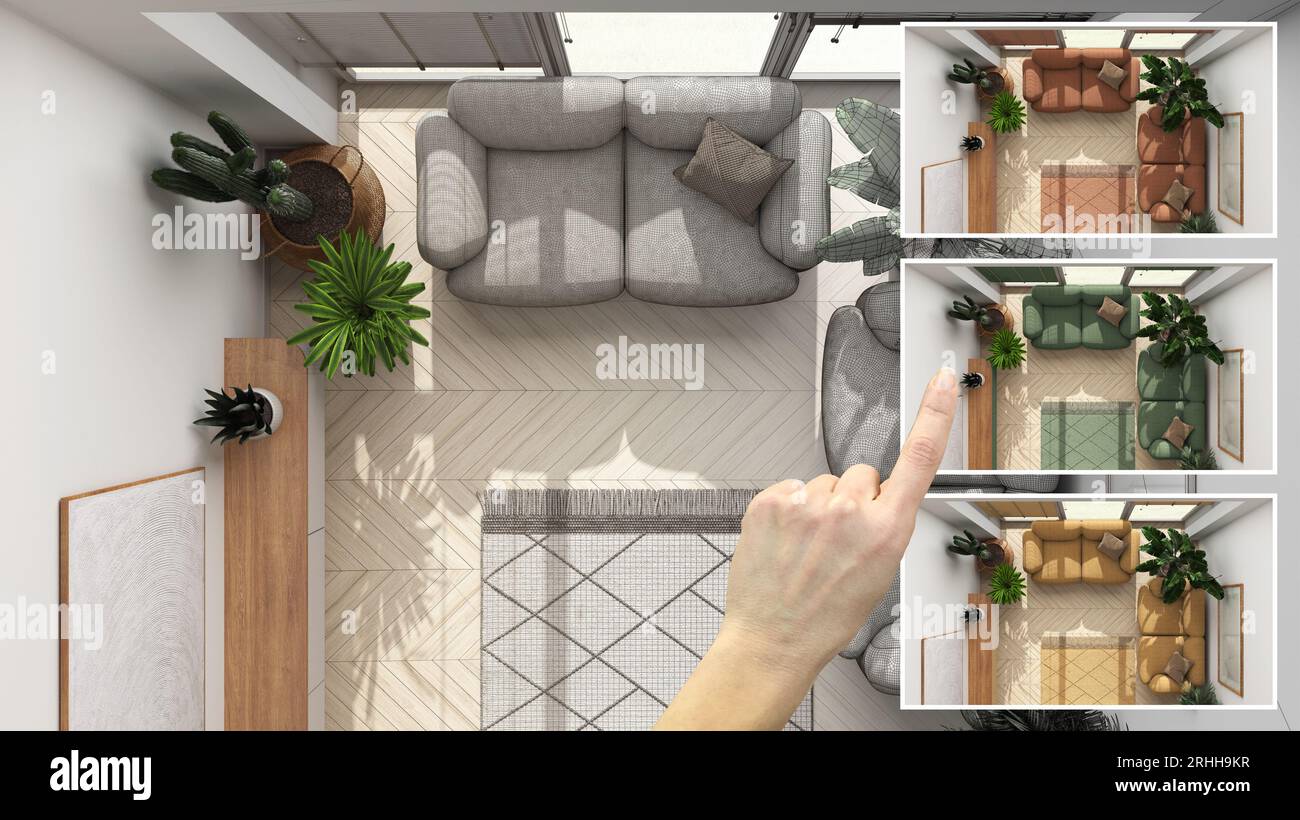 Architect designer concept, hand showing modern living room with sofas ...