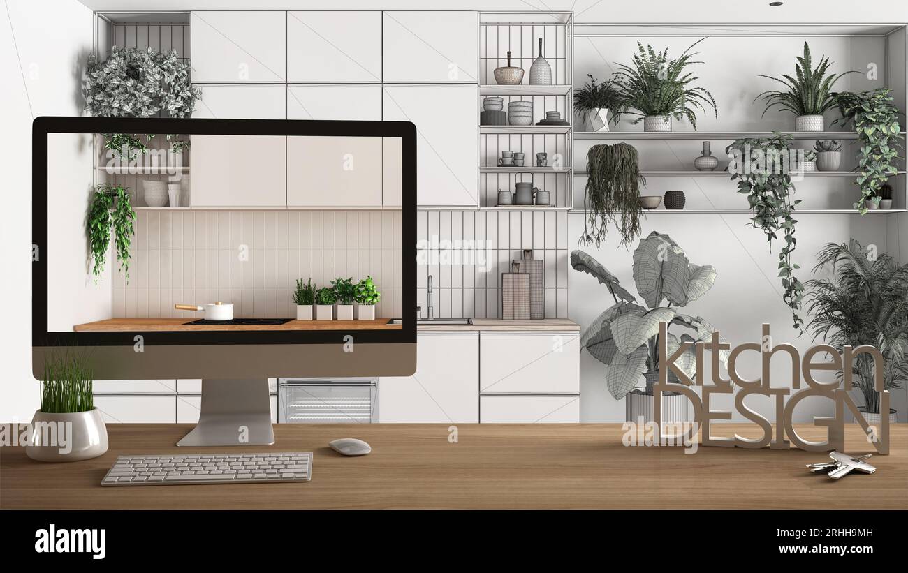 Architect designer project concept, wooden table with house keys, 3D ...