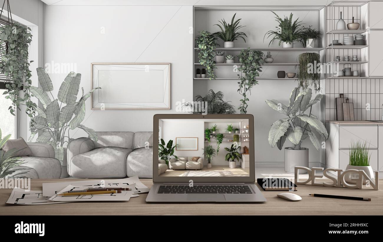 Architect designer desktop concept, laptop on wooden work desk with ...