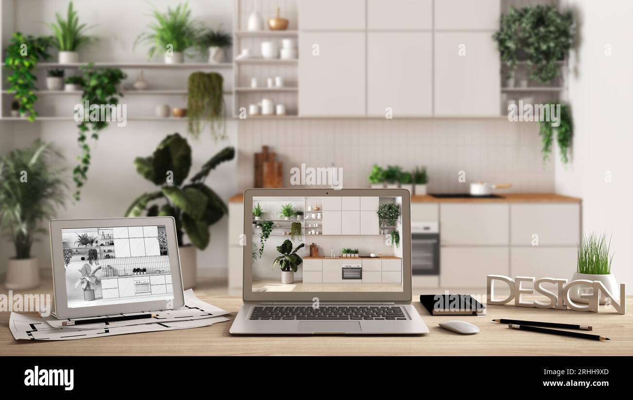 Architect designer desktop concept, laptop and tablet on wooden desk ...