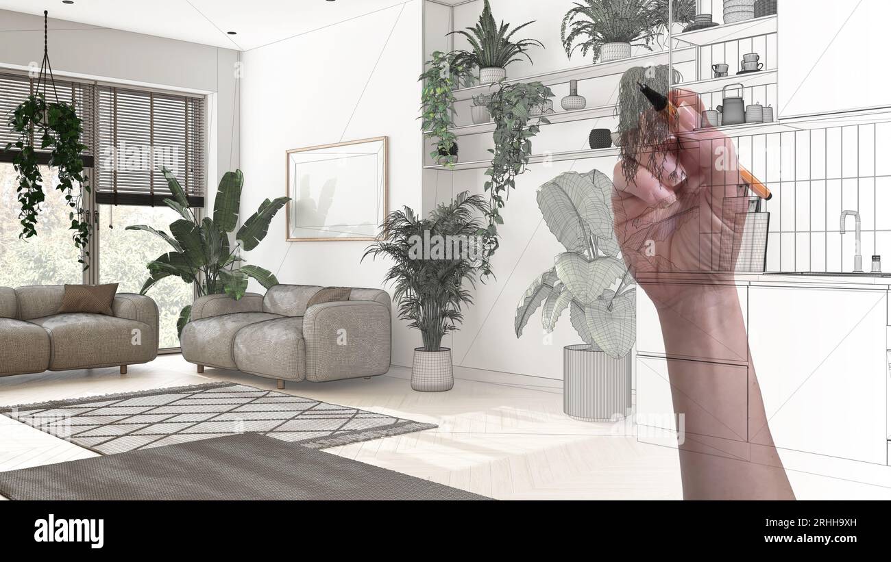Hand drawing custom cosy sustainable kitchen and living room with sofa ...