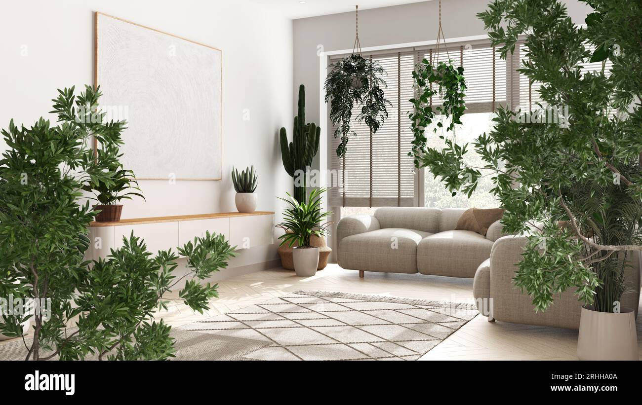 Green summer or spring leaves, tree branch over interior design scene ...