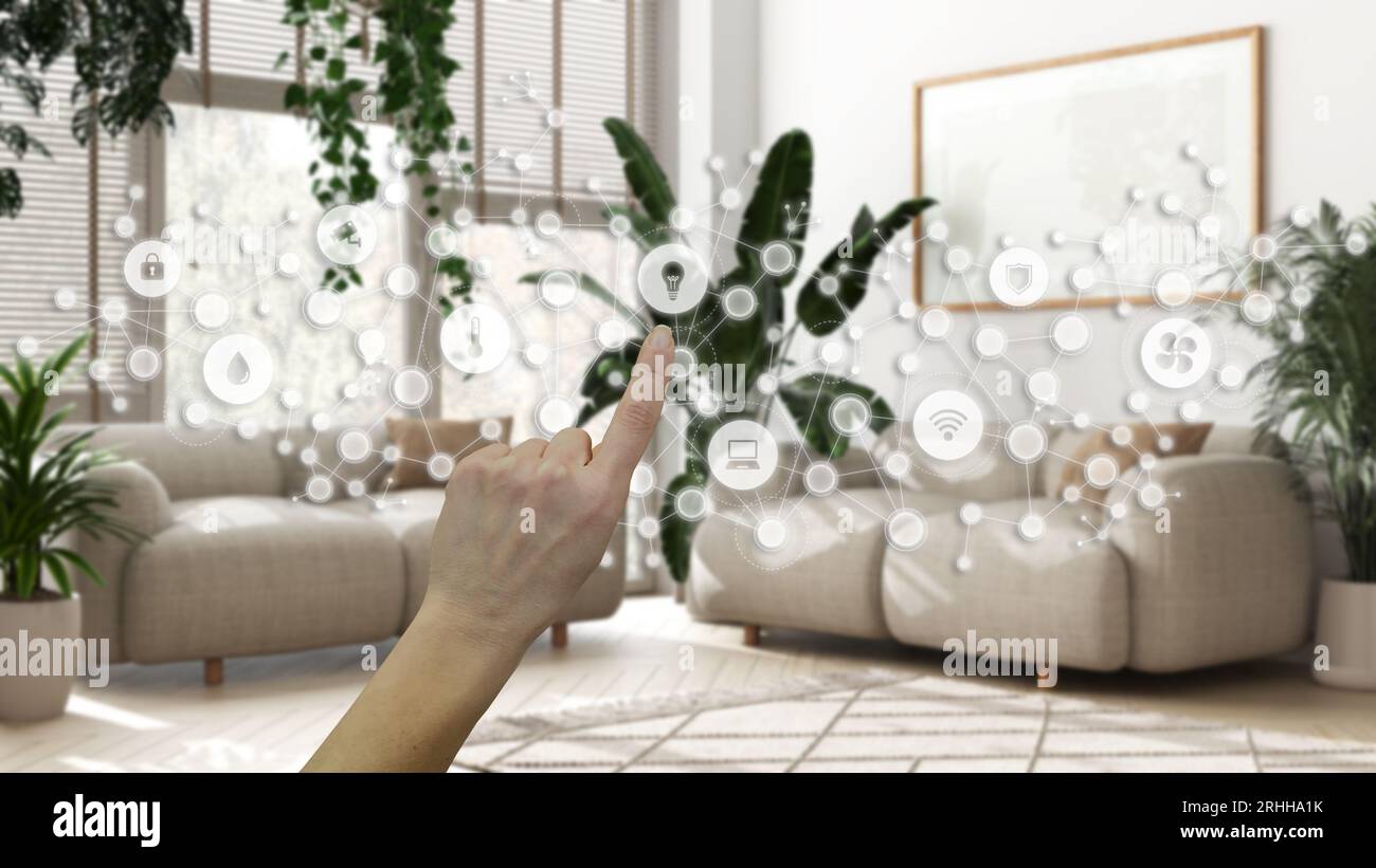 Glowing smart home interface, geometric background, connected line and ...
