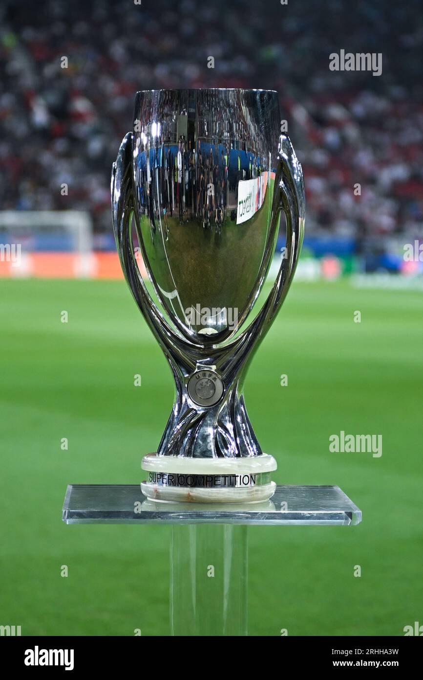 Piraeus, Greece. 16 August, 2023: The view of the Super Cup trophy ...