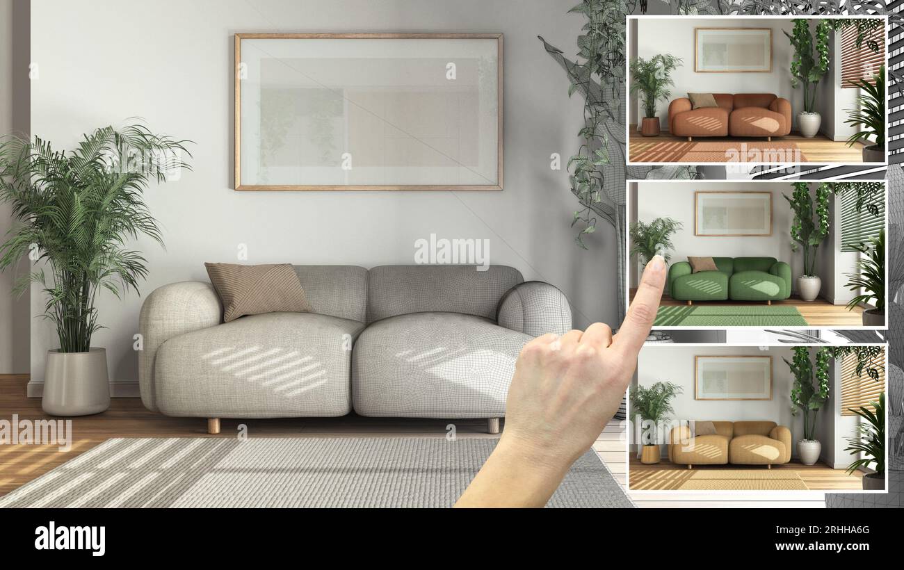 Architect designer concept, hand showing modern living room with fabric ...