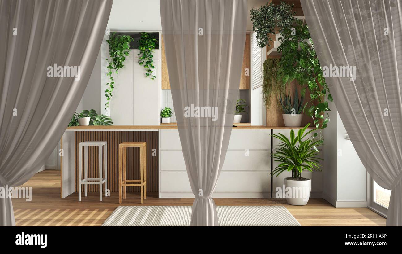 White openings curtains overlay minimal kitchen with island, interior ...