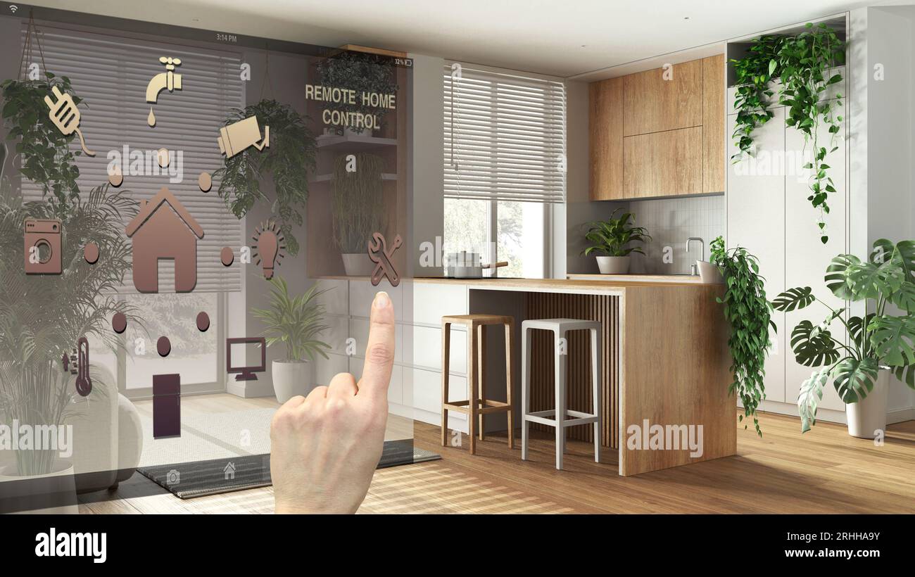 Smart home control concept, hand controlling digital interface from ...