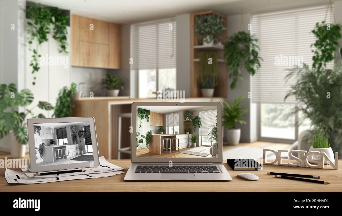 Architect designer desktop concept, laptop and tablet on wooden desk ...