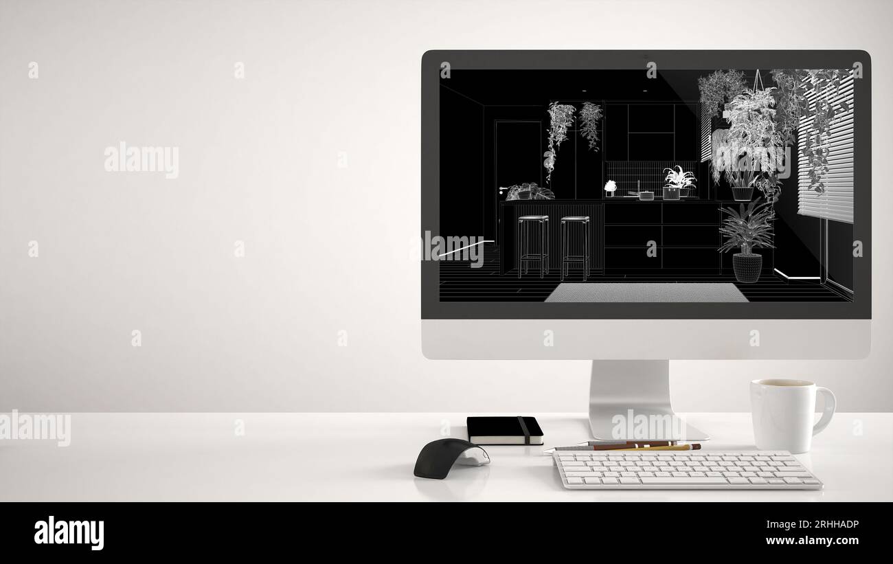 Architect house project concept, desktop computer on white background ...