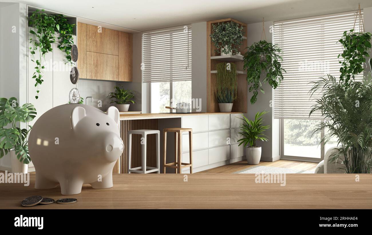 Wooden table top or shelf with white piggy bank with coins, minimal ...