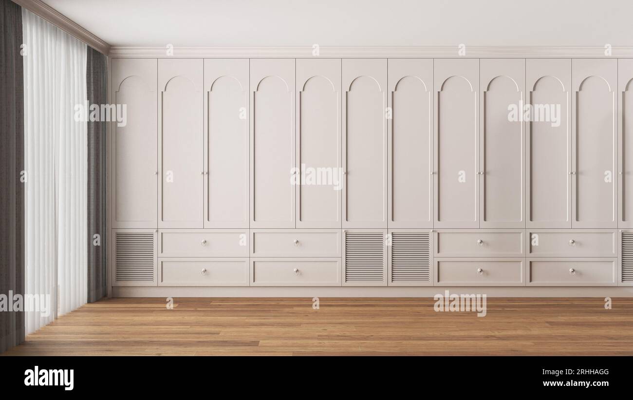 Interior walk-in closet, simple classic style in white tones. Empty ...