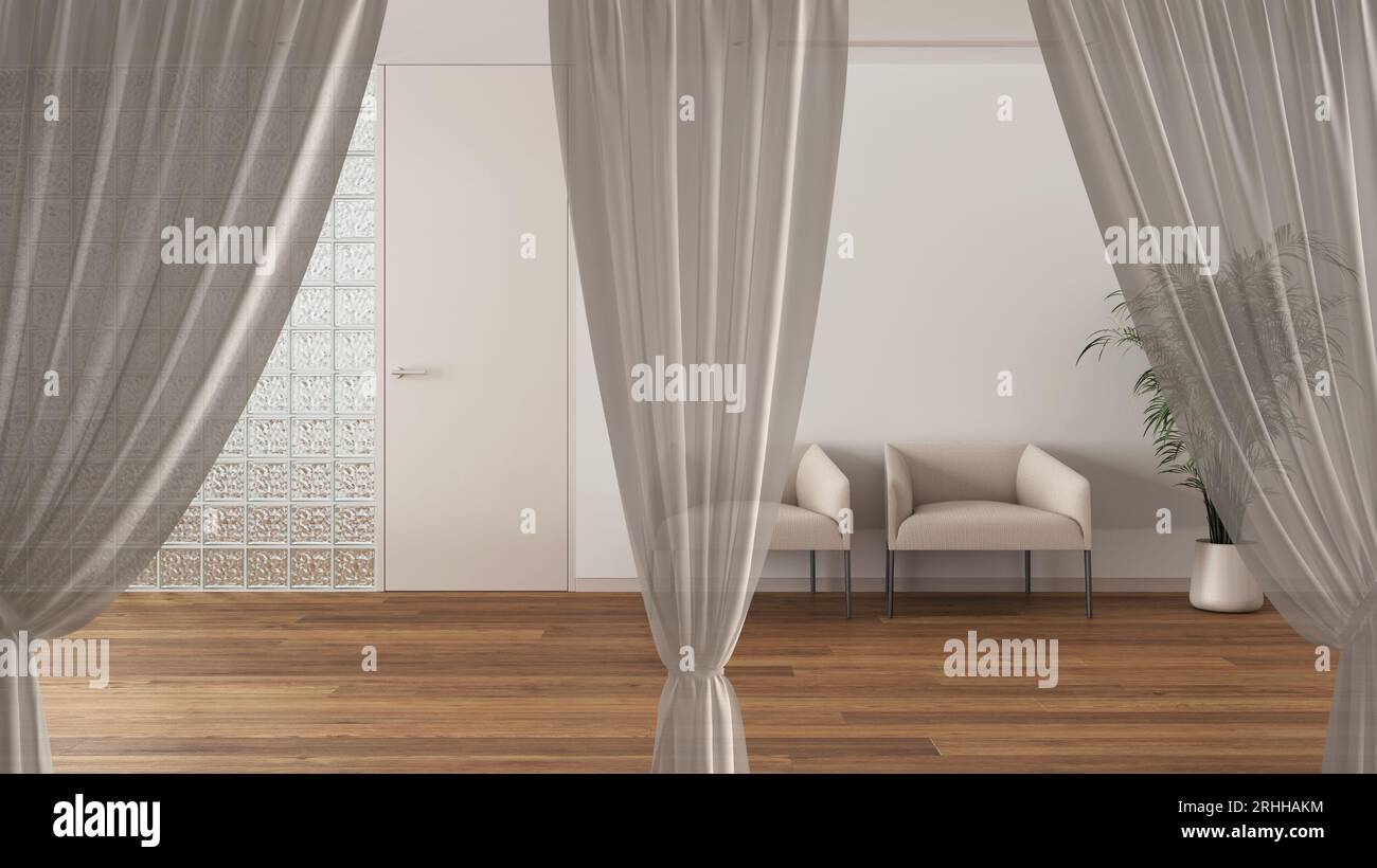White openings curtains overlay white waiting room, interior design ...