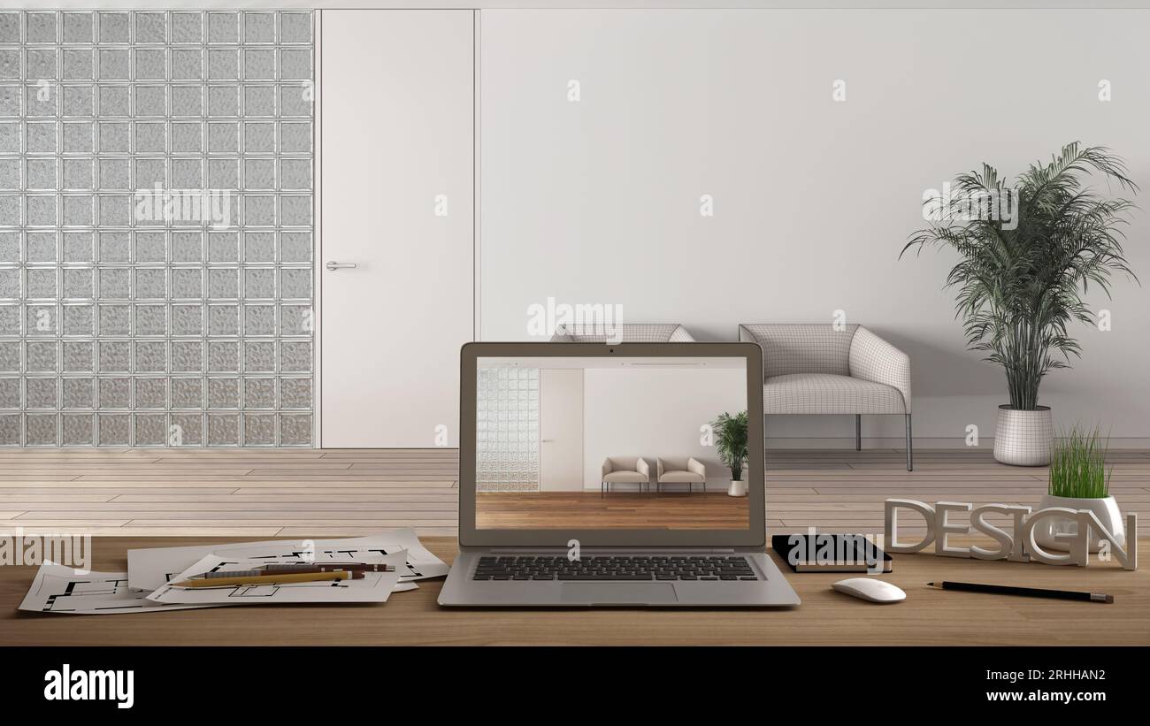 Architect designer desktop concept, laptop on wooden work desk with ...