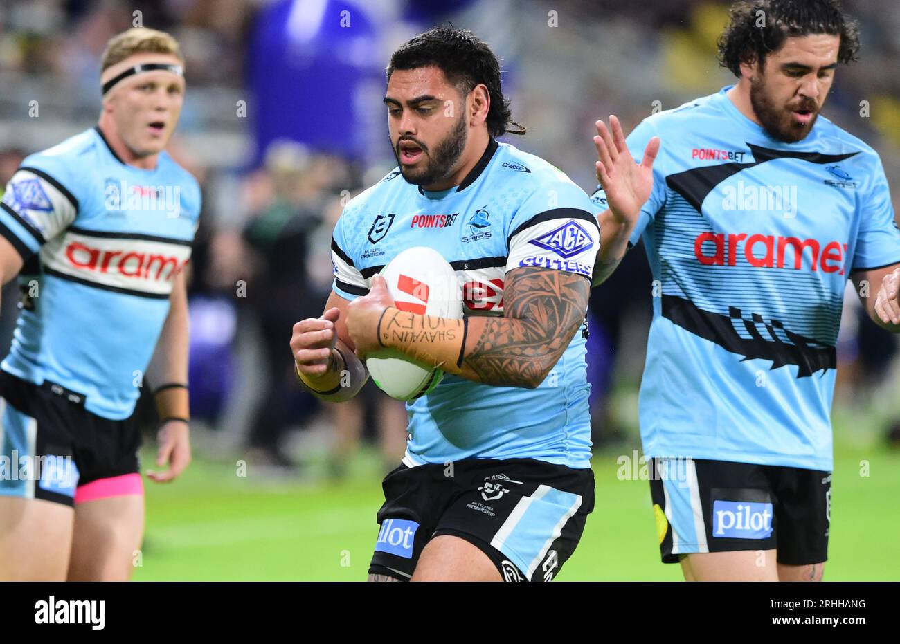 Townsville, Australia. 17th Aug, 2023. Royce Hunt of the Sharks warms ...