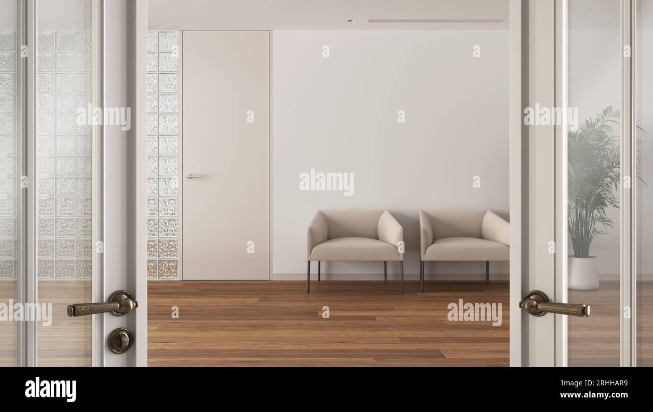 Classic white glass door opening on sitting waiting room with glass ...