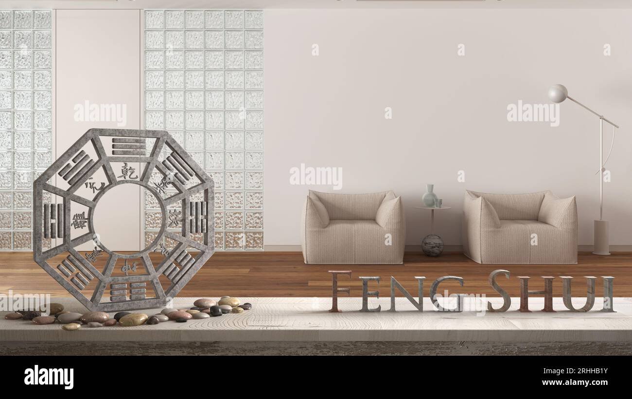 Wooden vintage table shelf with ba gua and 3d letters making the word ...