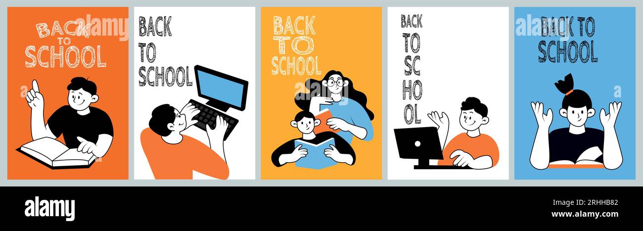 Set of back to school posters. Vector illustration of teenagers ready ...