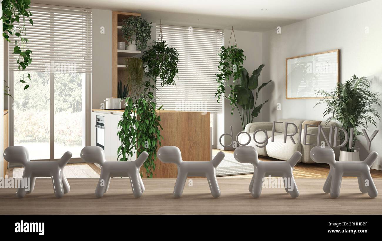 Wooden table top or shelf with line of stylized dogs, dog friendly ...