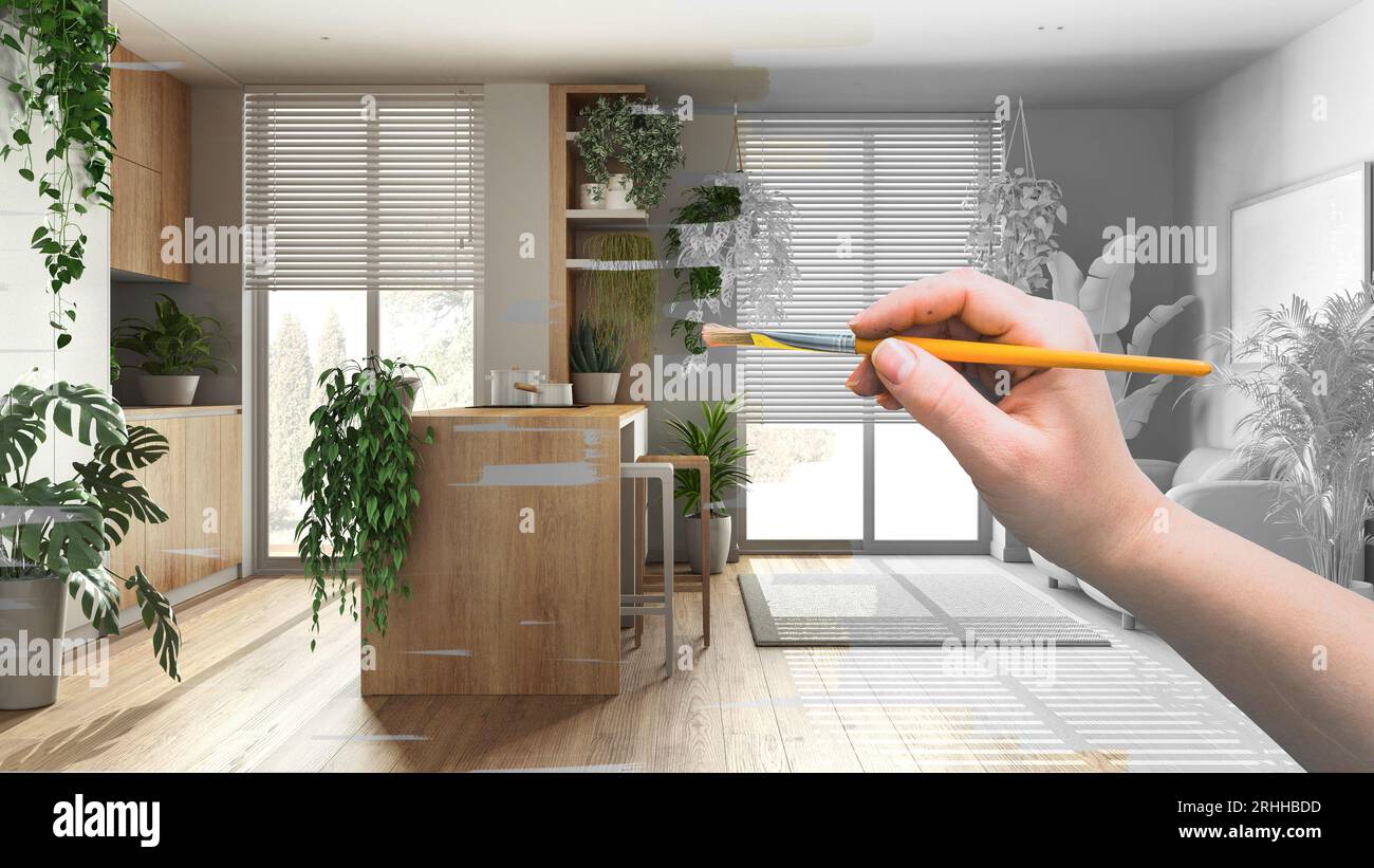 Blueprint project draft, sketch of modern kitchen with island and ...