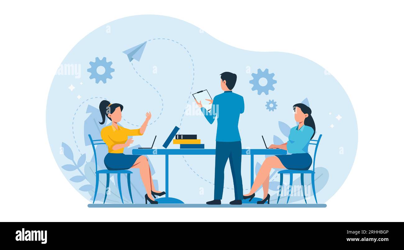 Vector of businesspeople in an office brainstorming new ideas and plans ...