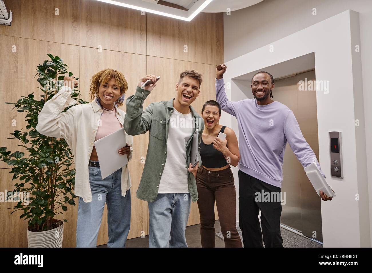 diversity, excited business people celebrating success, coworking ...