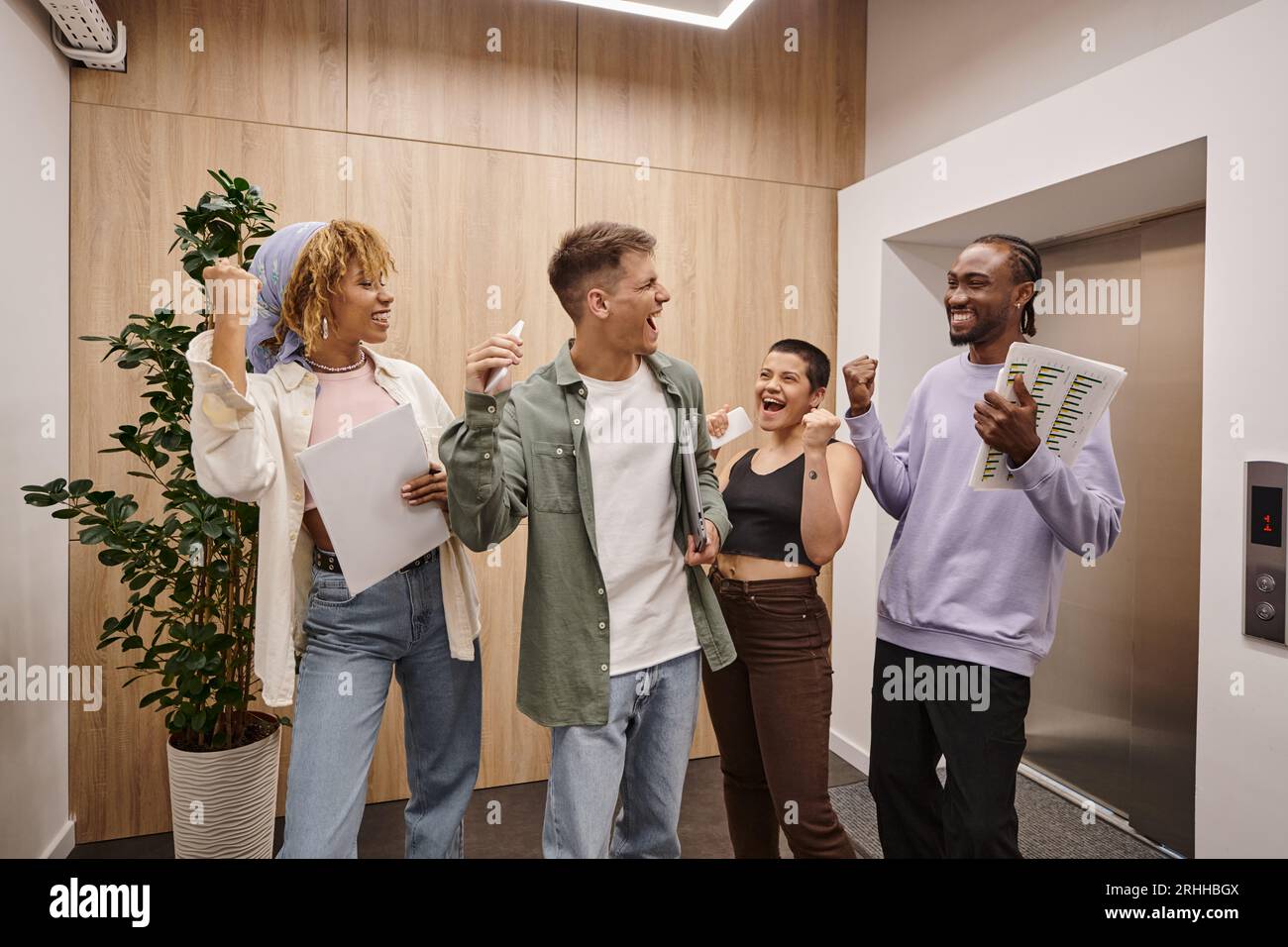 diversity, happy business people holding gadgets, coworking, startup ...