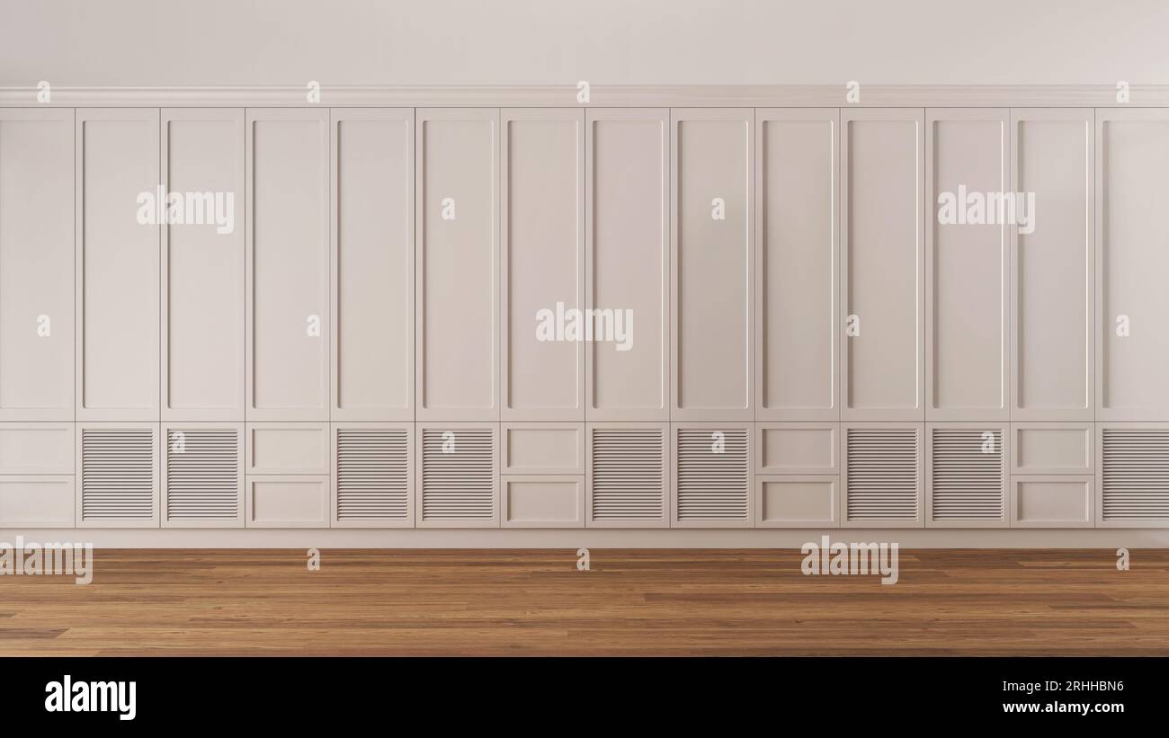 Interior walk-in closet, simple classic style in white tones. Panoramic ...