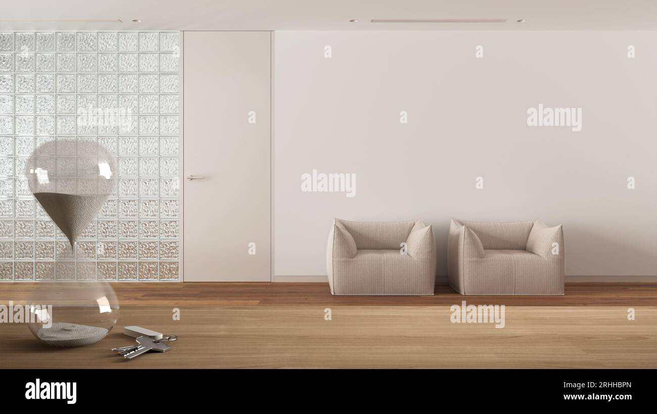 Wooden table, desk or shelf with crystal modern hourglass measuring ...