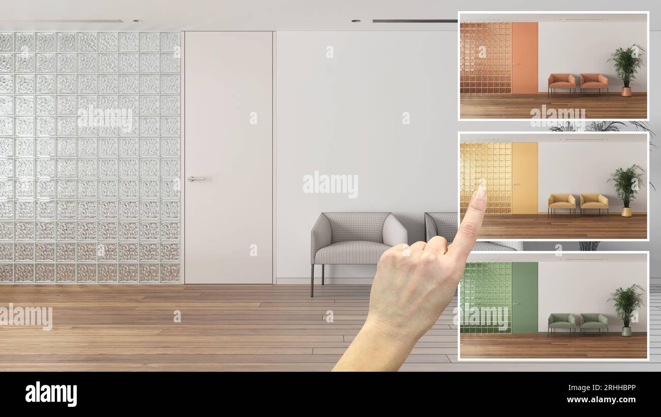 Architect designer concept, hand showing minimal sitting waiting room ...