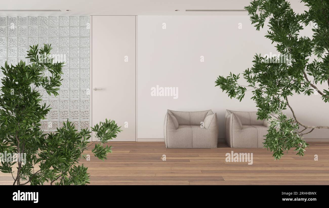 Green summer or spring leaves, tree branch over interior design scene ...