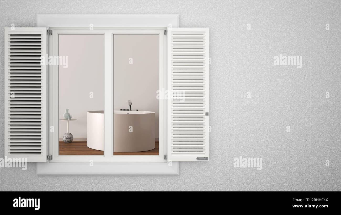 Exterior plaster wall with white window with shutters, showing minimal ...