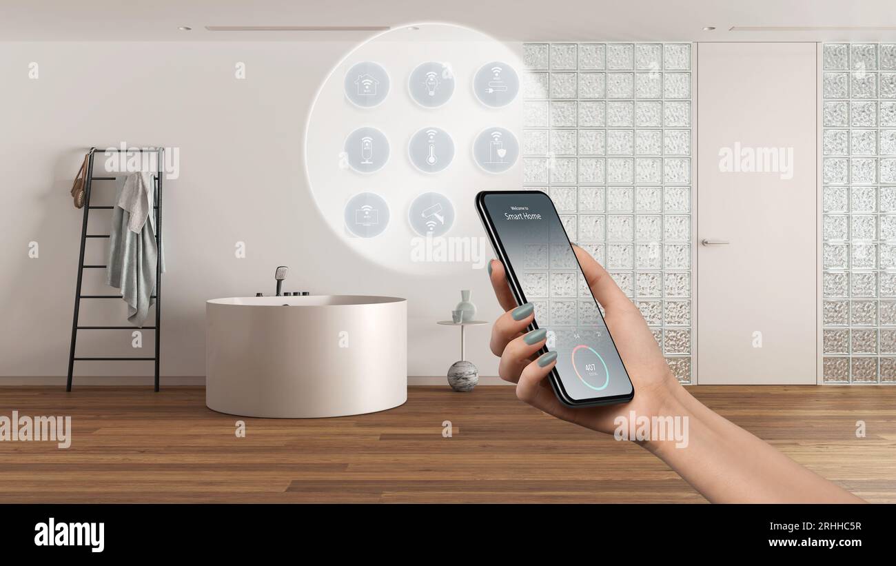 Smart home technology interface on phone app, augmented reality, internet of things, minimal ...