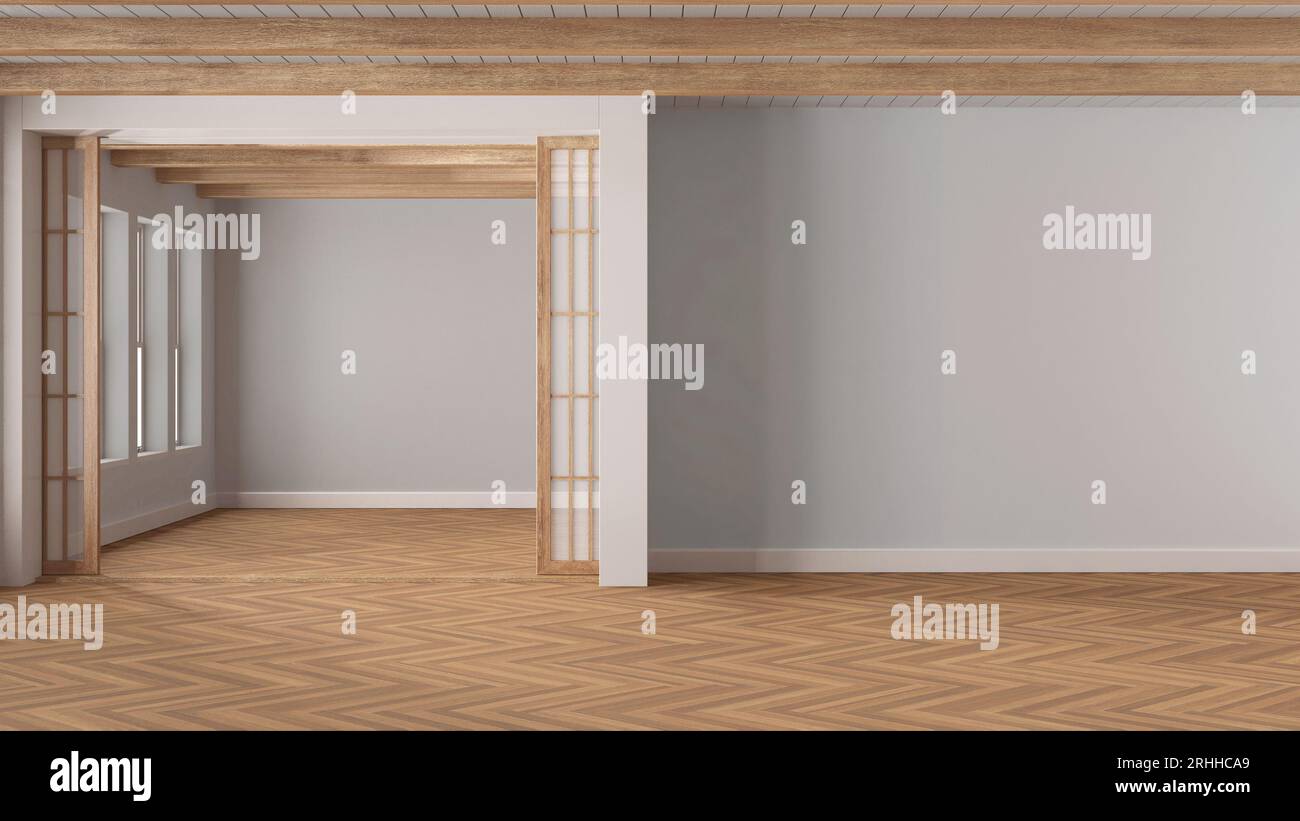 Empty room interior design, open space with parquet floor, wooden beams ceiling, white walls ...