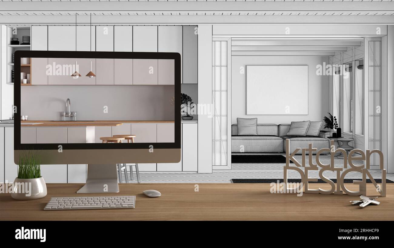 Architect designer project concept, wooden table with keys, 3D letters ...