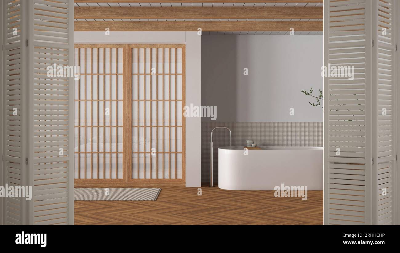 White folding door opening on minimal bathroom with bathtub and paper ...