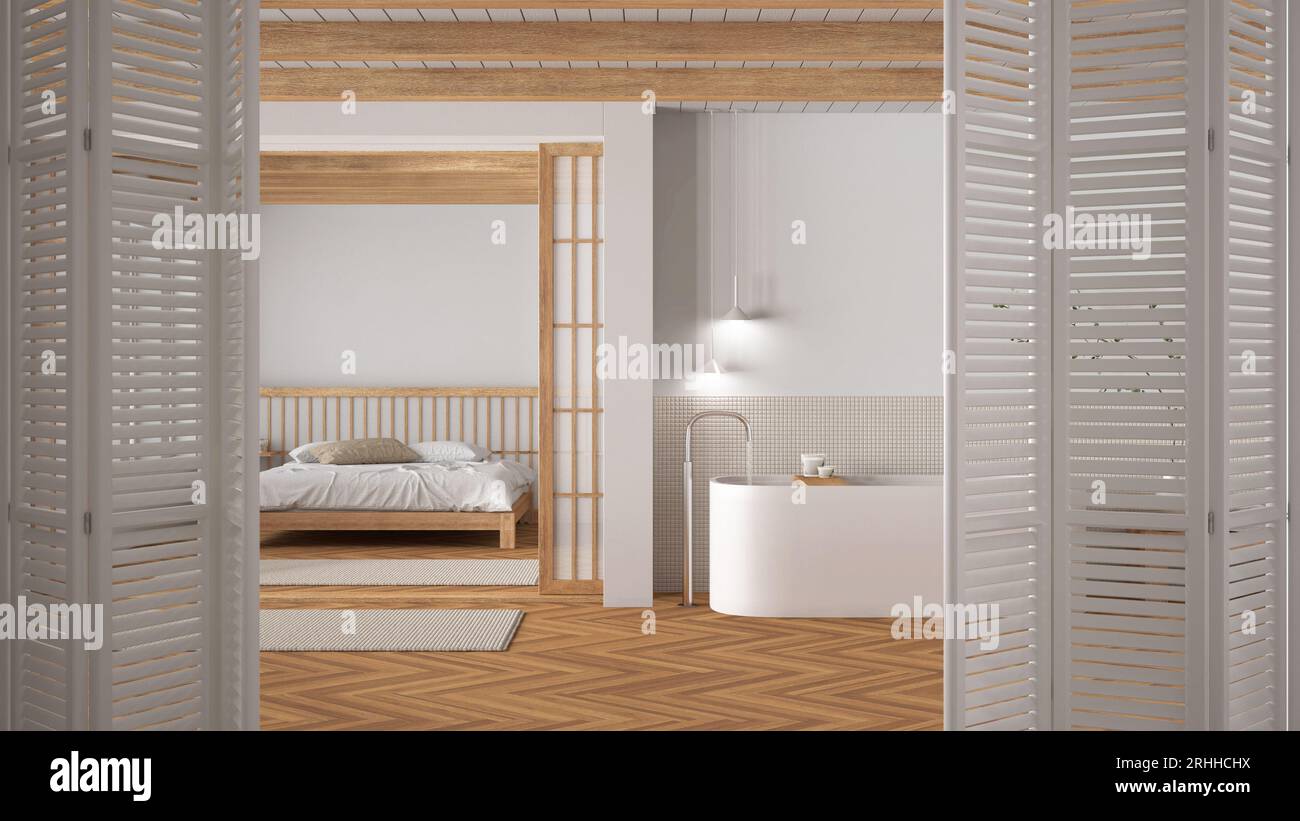 White folding door opening on minimal bathroom, bedroom and paper ...