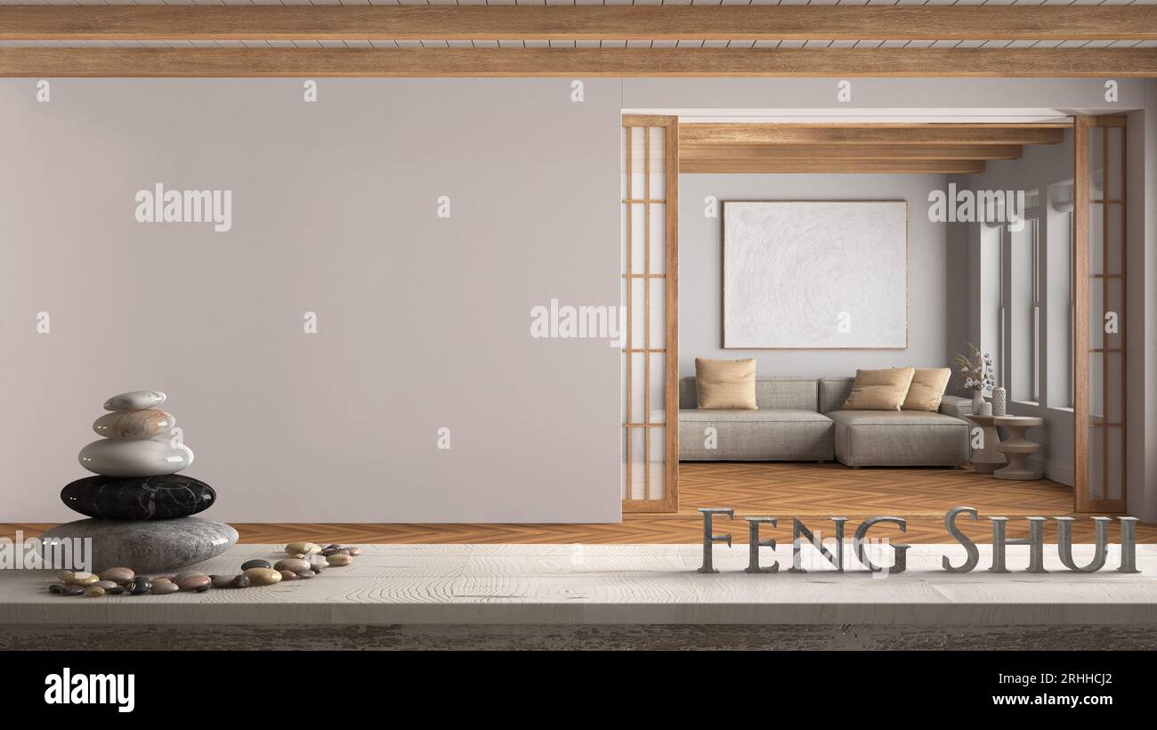 Vintage wooden table shelf with pebble balance and 3d letters making ...