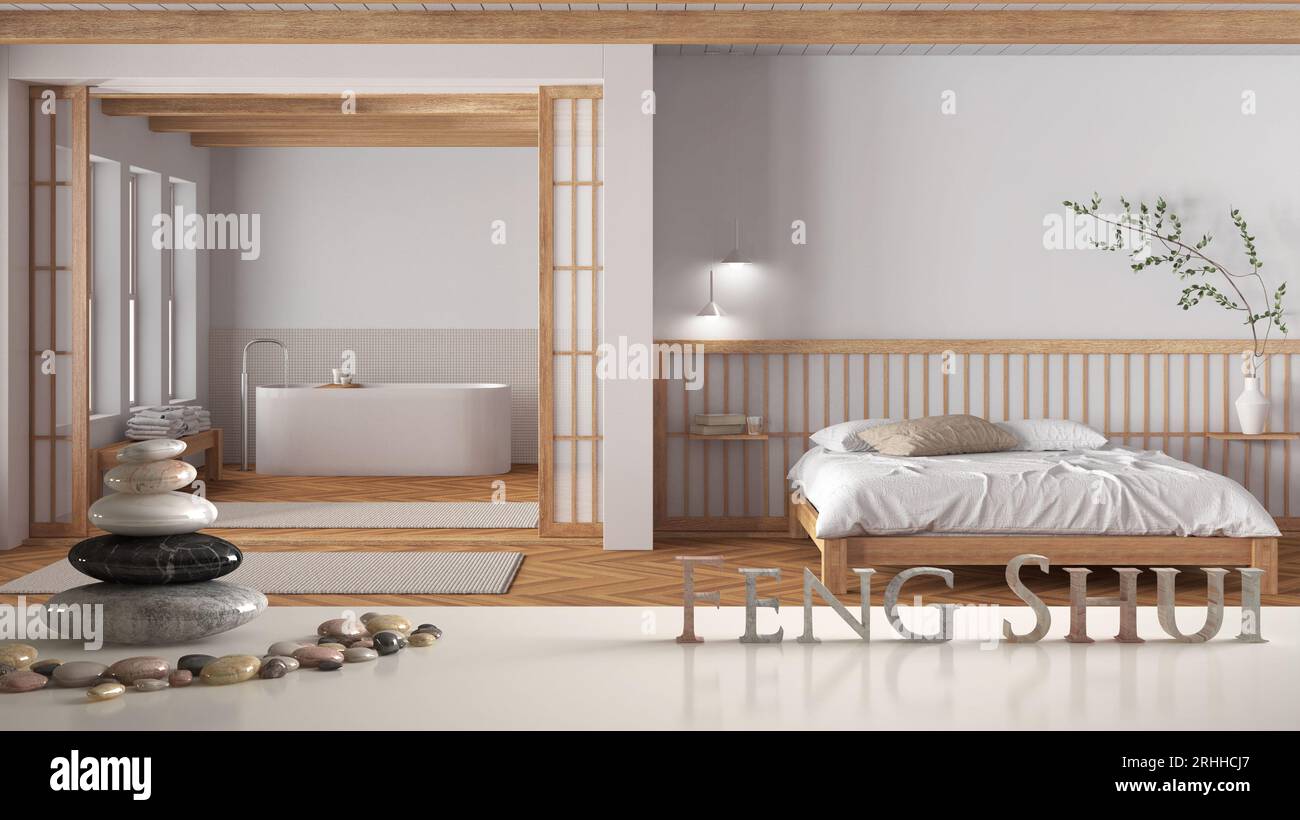 White table shelf with pebble balance and 3d letters making the word ...