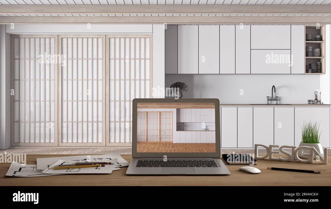 Architect designer desktop concept, laptop on wooden work desk with ...