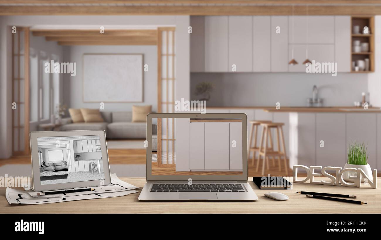 Architect designer desktop concept, laptop and tablet on wooden desk ...