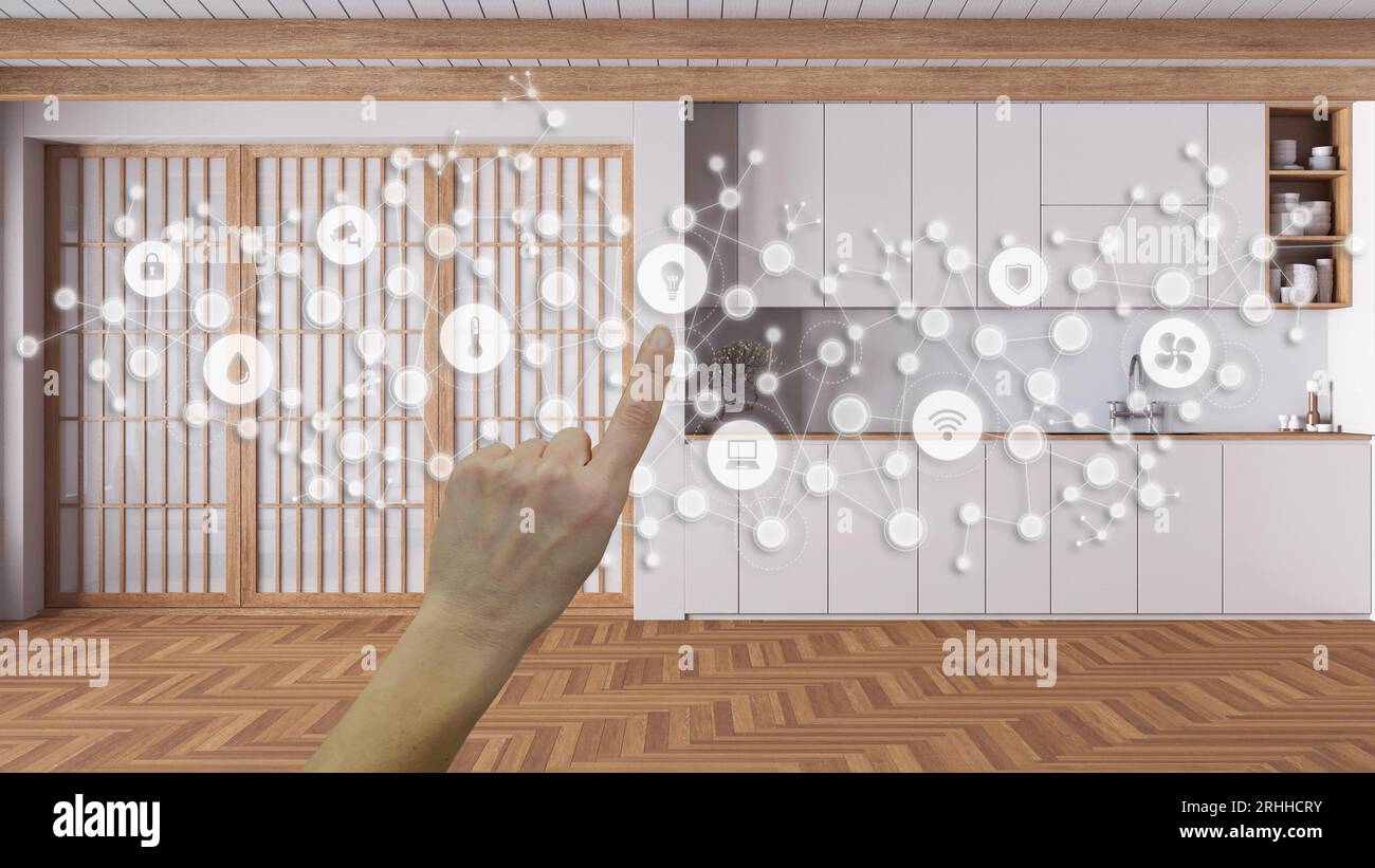 Glowing smart home interface, geometric background, connected line and ...