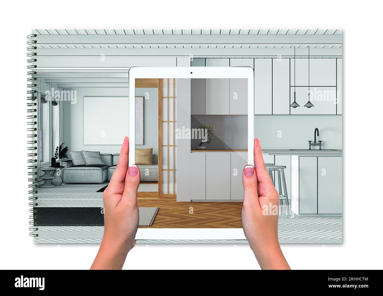 Hands holding tablet showing japandi kitchen and living room, total ...
