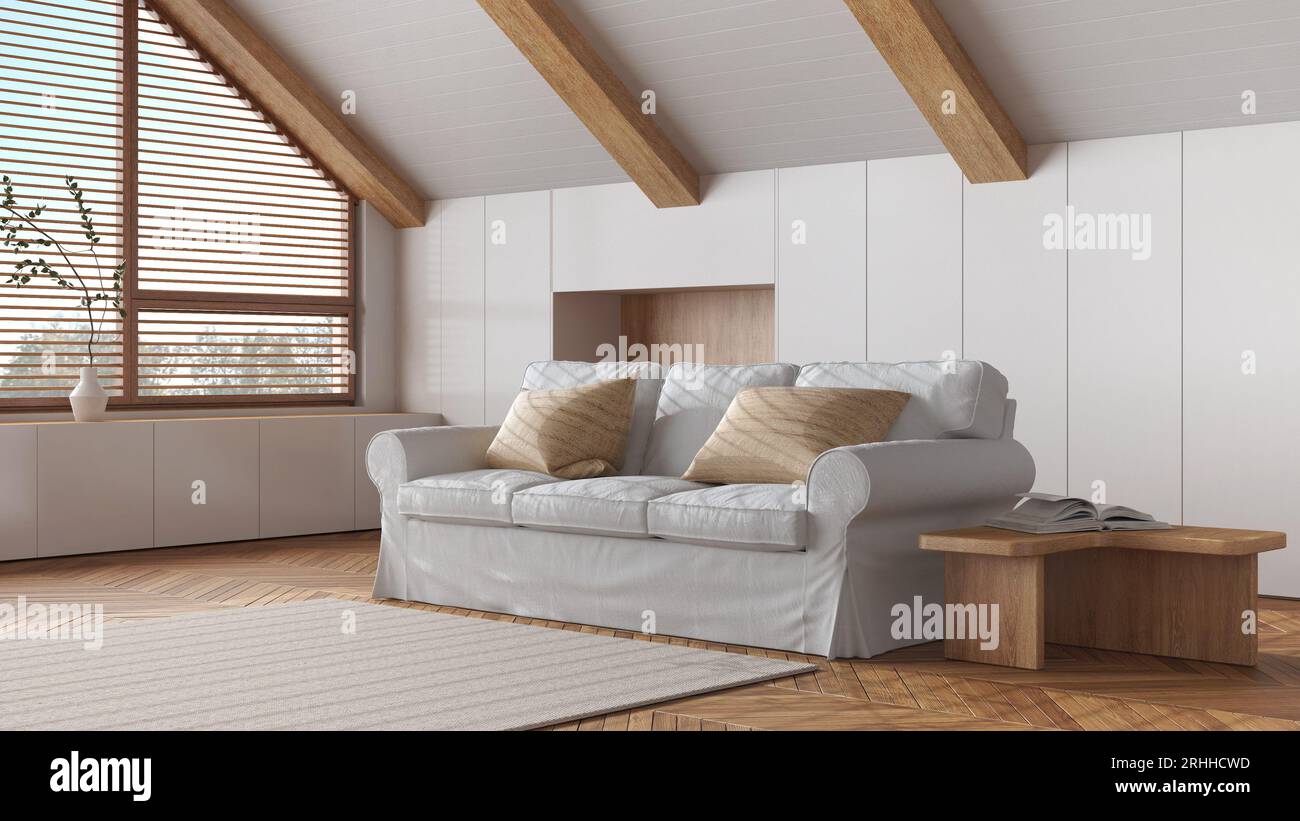 Attic interior design, minimal wooden living room with sloping ceiling ...