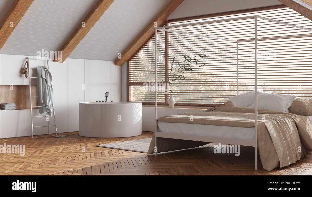 Attic interior design, minimal wooden bedroom and bathroom with canopy ...