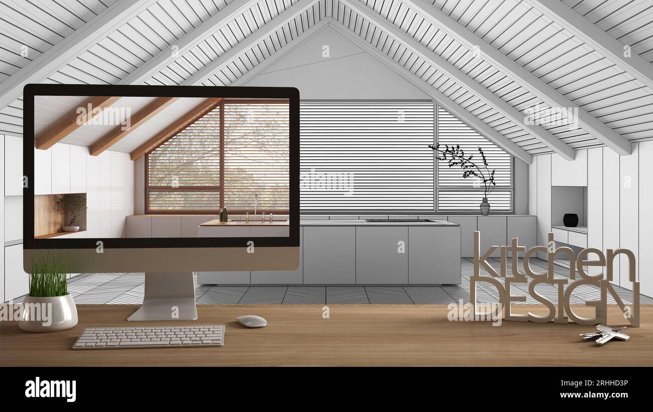 Architect designer project concept, wooden table with keys, 3D letters ...