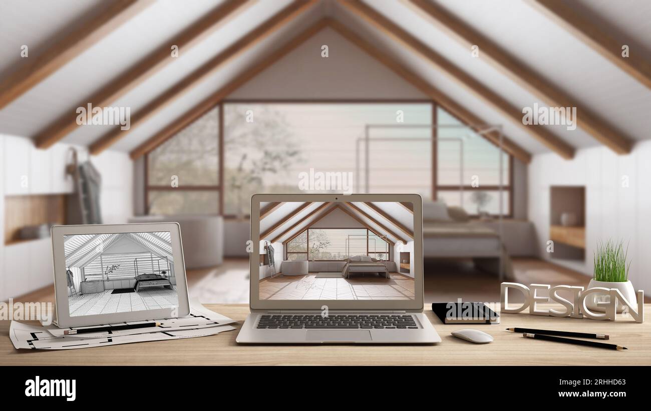 Architect designer desktop concept, laptop and tablet on wooden desk ...