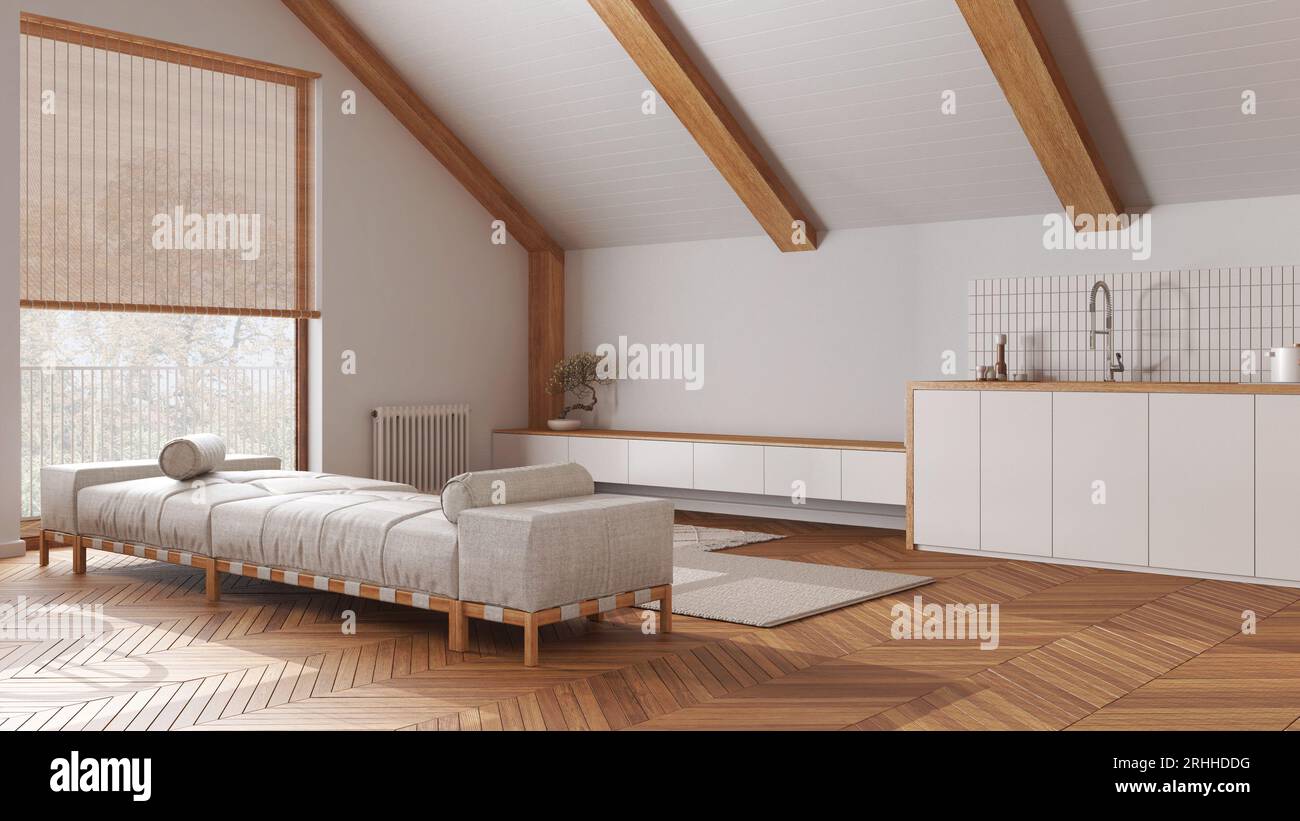 Japandi wooden living room and kitchen with sloping ceiling and parquet ...