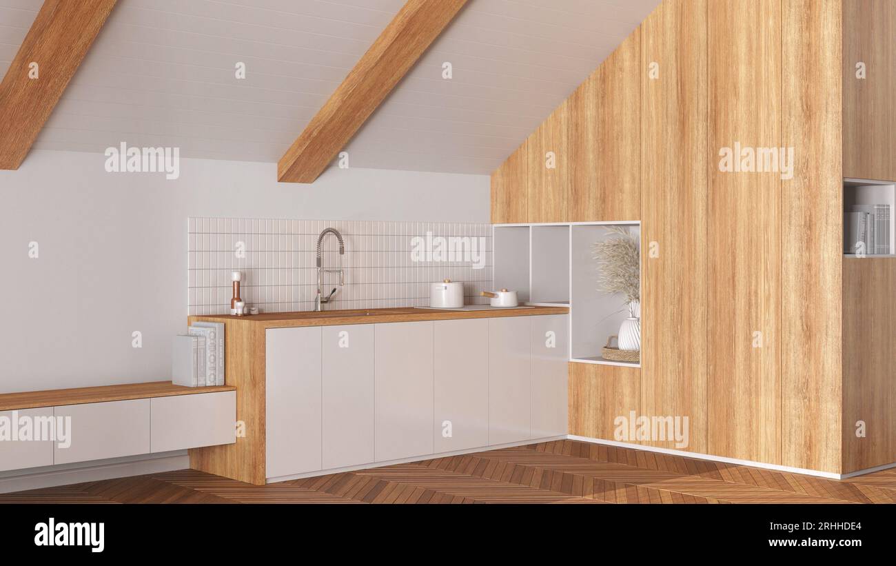Attic interior design, minimal kitchen with sloping wooden ceiling and ...