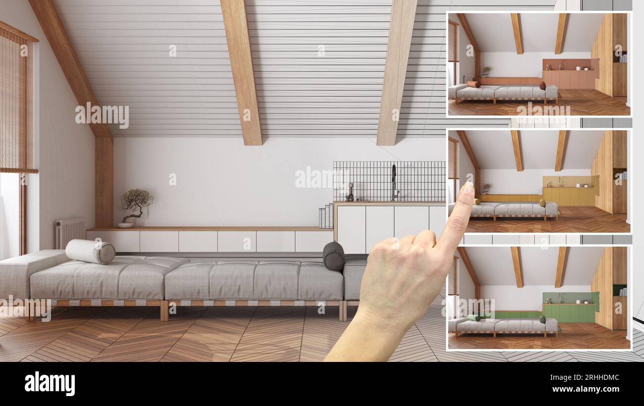 Architect designer concept, hand showing japandi minimal living room ...