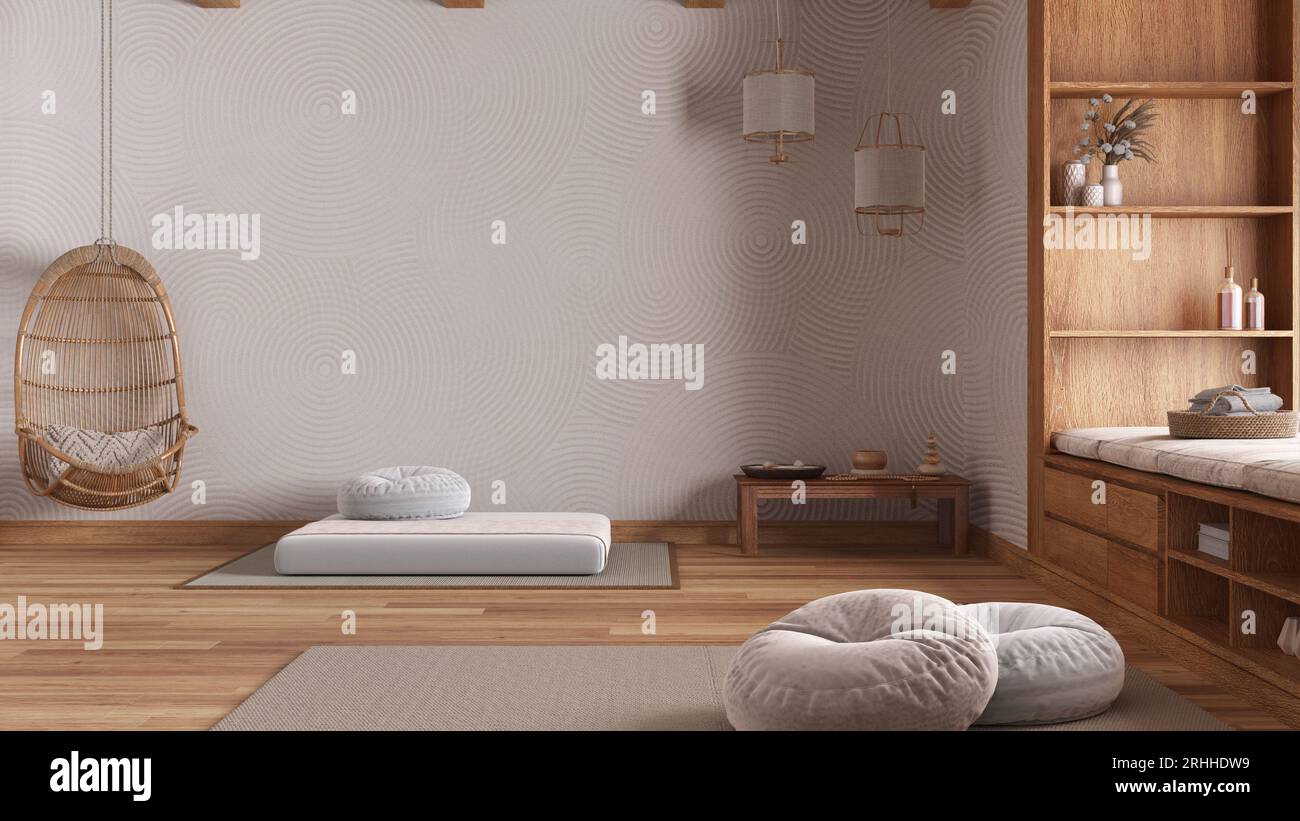 Minimal meditation room in white and beige tones, pillows, tatami mats ...